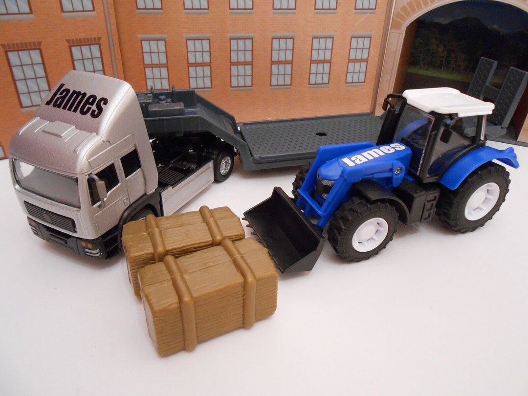 PERSONALISED NAME Truck Lorry Tractor Transporter & 2 Hay Bales Model ...