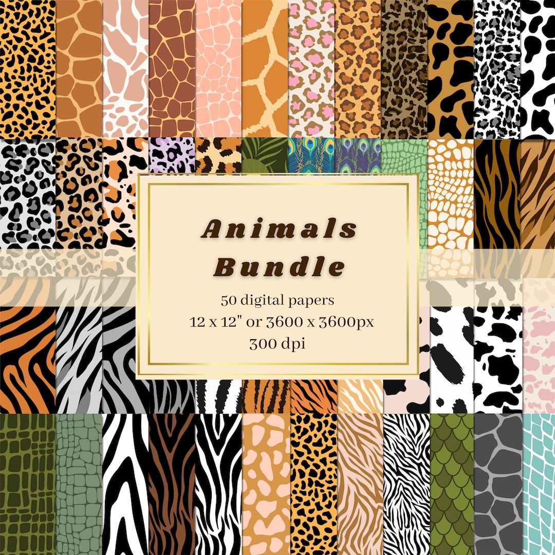 50 Animals Print Digital Paper BUNDLE, Leopard,tiger,zebra,giraffe,fish ...