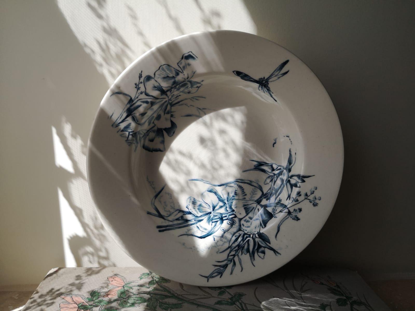French Antique Ironstone Shallow Plates, Set of 7, Blue Floral ...