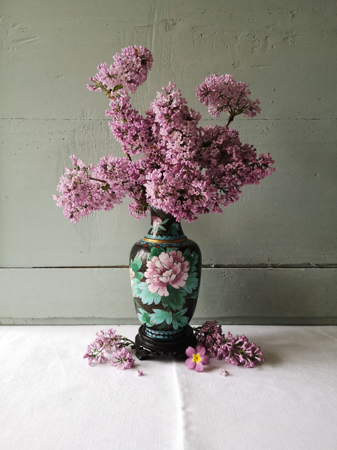 Vintage Asian Jingfa Cloisonne Vase With Fitted Wooden Stand, Floral ...