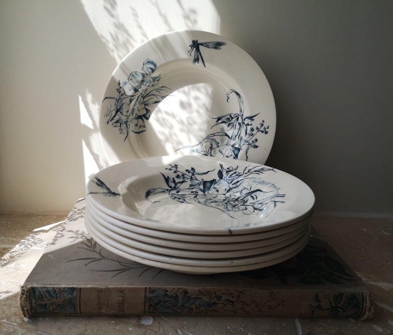 French Antique Ironstone Shallow Plates, Set of 7, Blue Floral ...