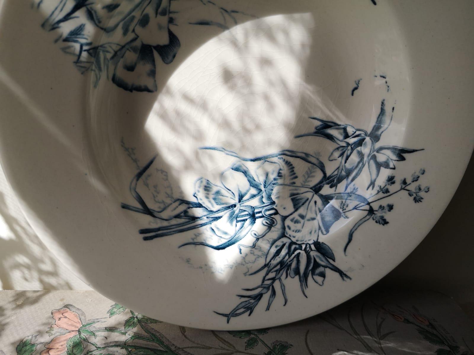 French Antique Ironstone Shallow Plates, Set of 7, Blue Floral ...