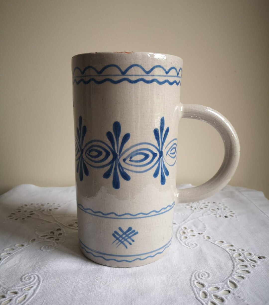Vintage Tall Handpainted Pottery Mug, Glazed Blue Design - Etsy