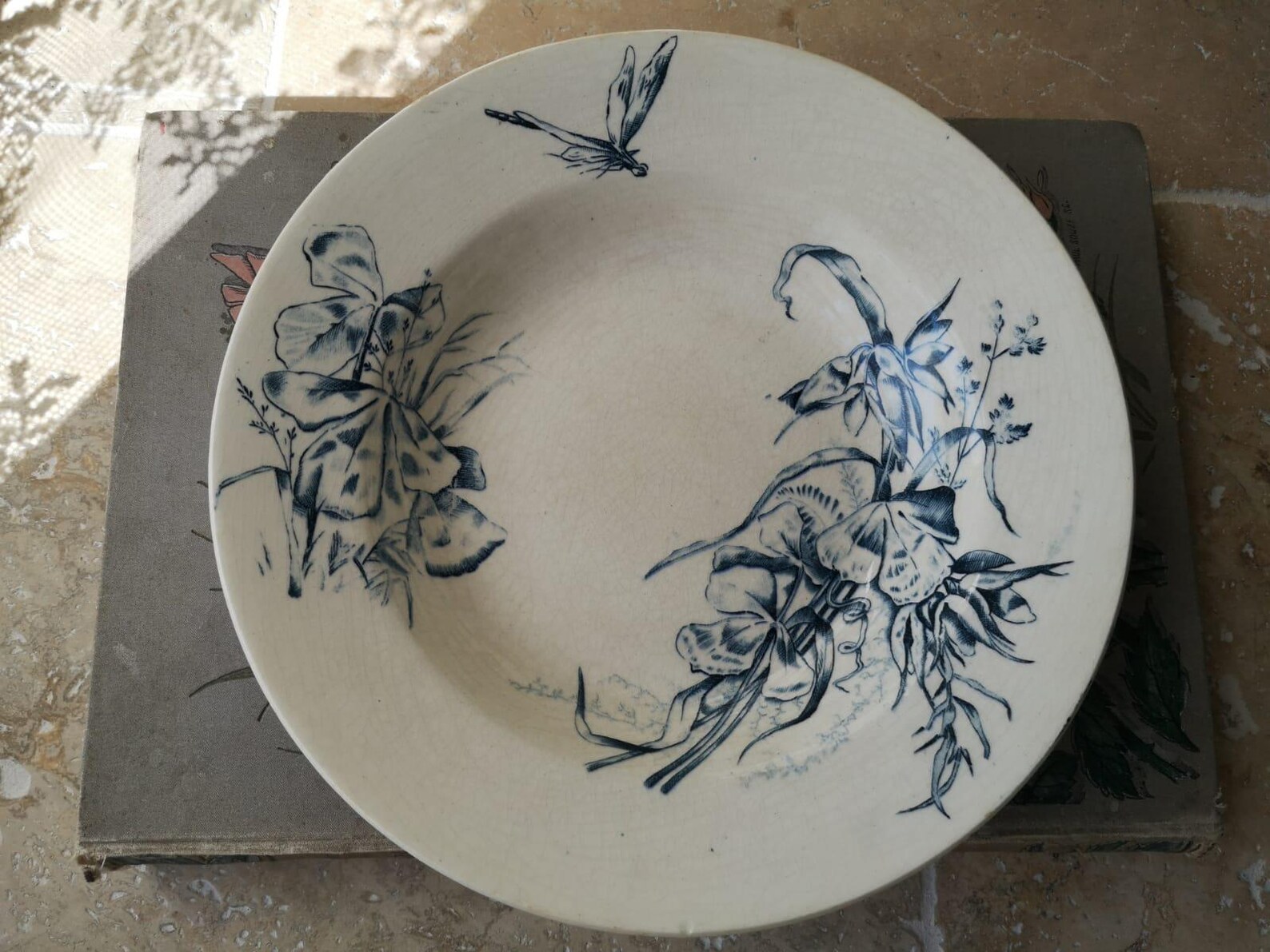 French Antique Ironstone Shallow Plates, Set of 7, Blue Floral ...