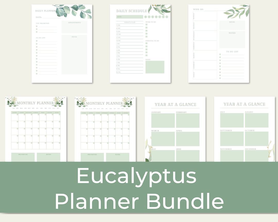 Eucalyptus Undated Planner Bundle Monthly Sun & Mon Start Monthly ...