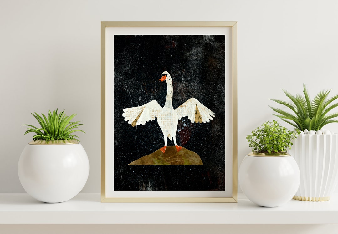 Swan Paper Collage Art Print White Swan Bird Penpal Art - Etsy
