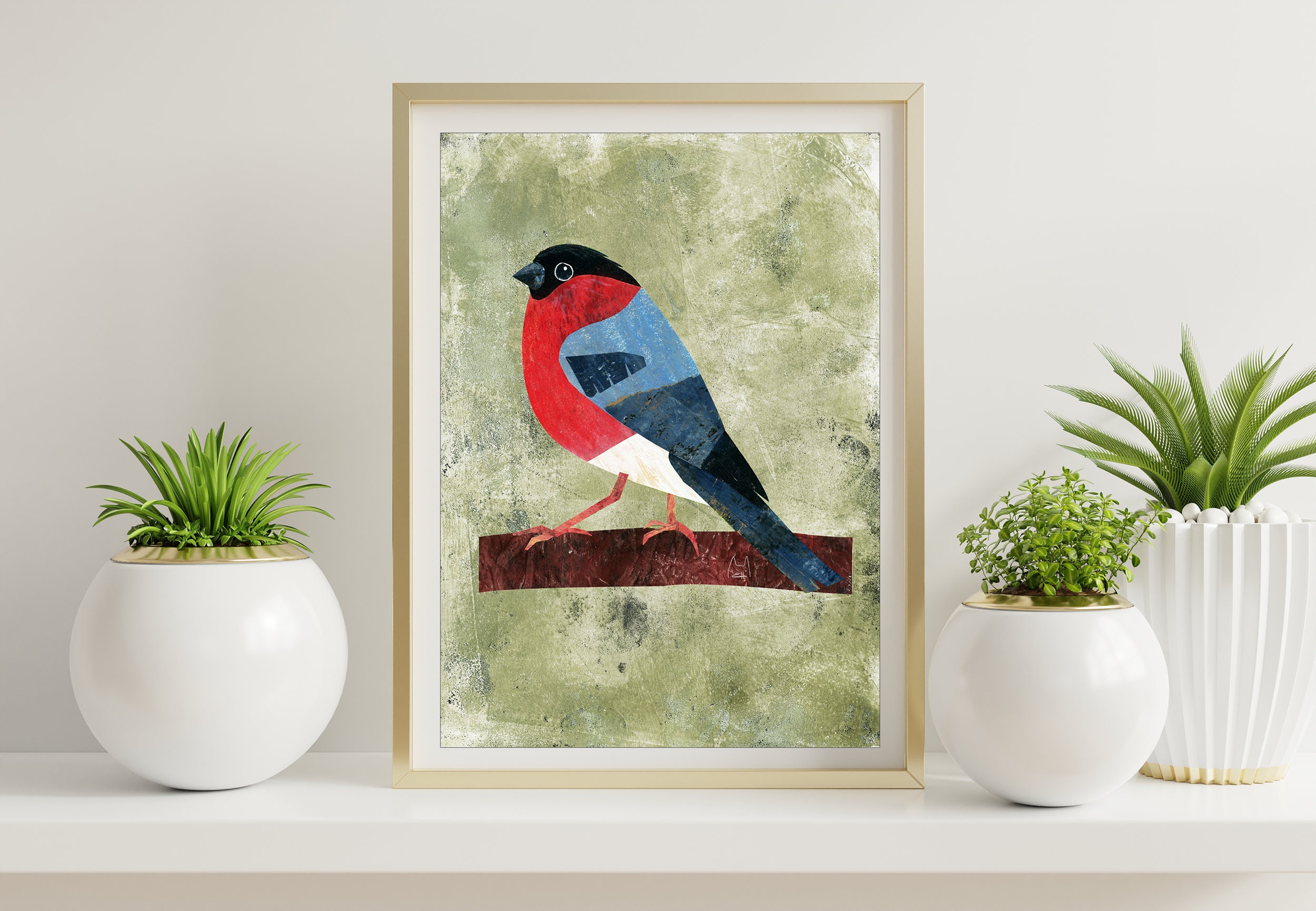 Bullfinch Paper Collage Art Print, Bullfinch Bird Penpal Art Print ...