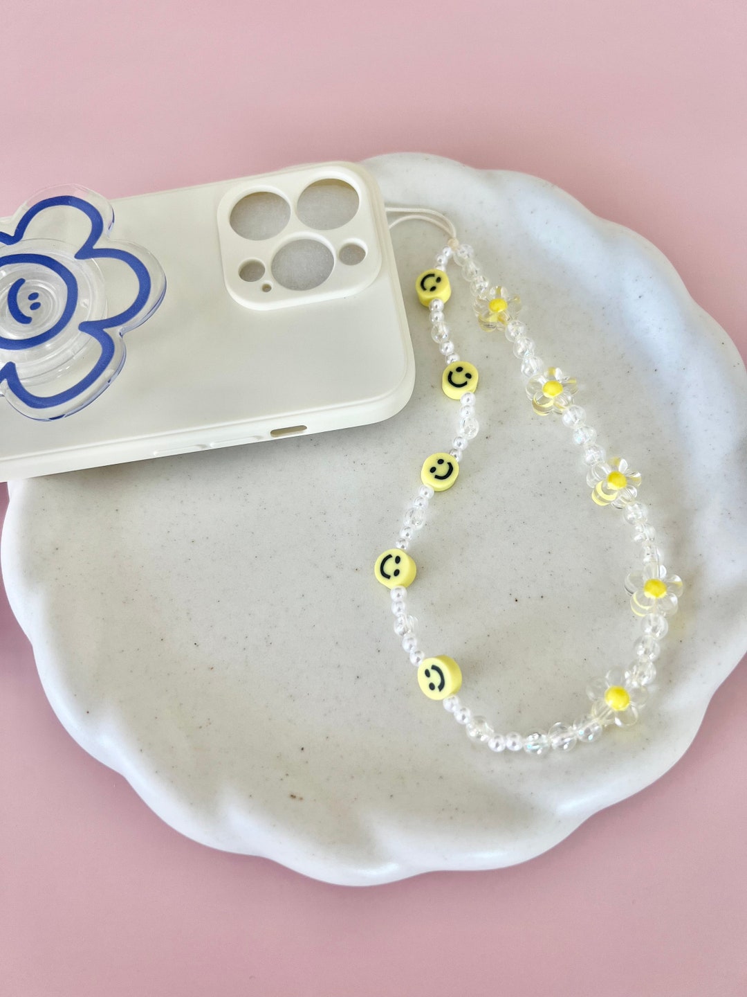 Daisy Smiley Face Phone Charm Chain | Beaded Strap | Phone Case Chain ...