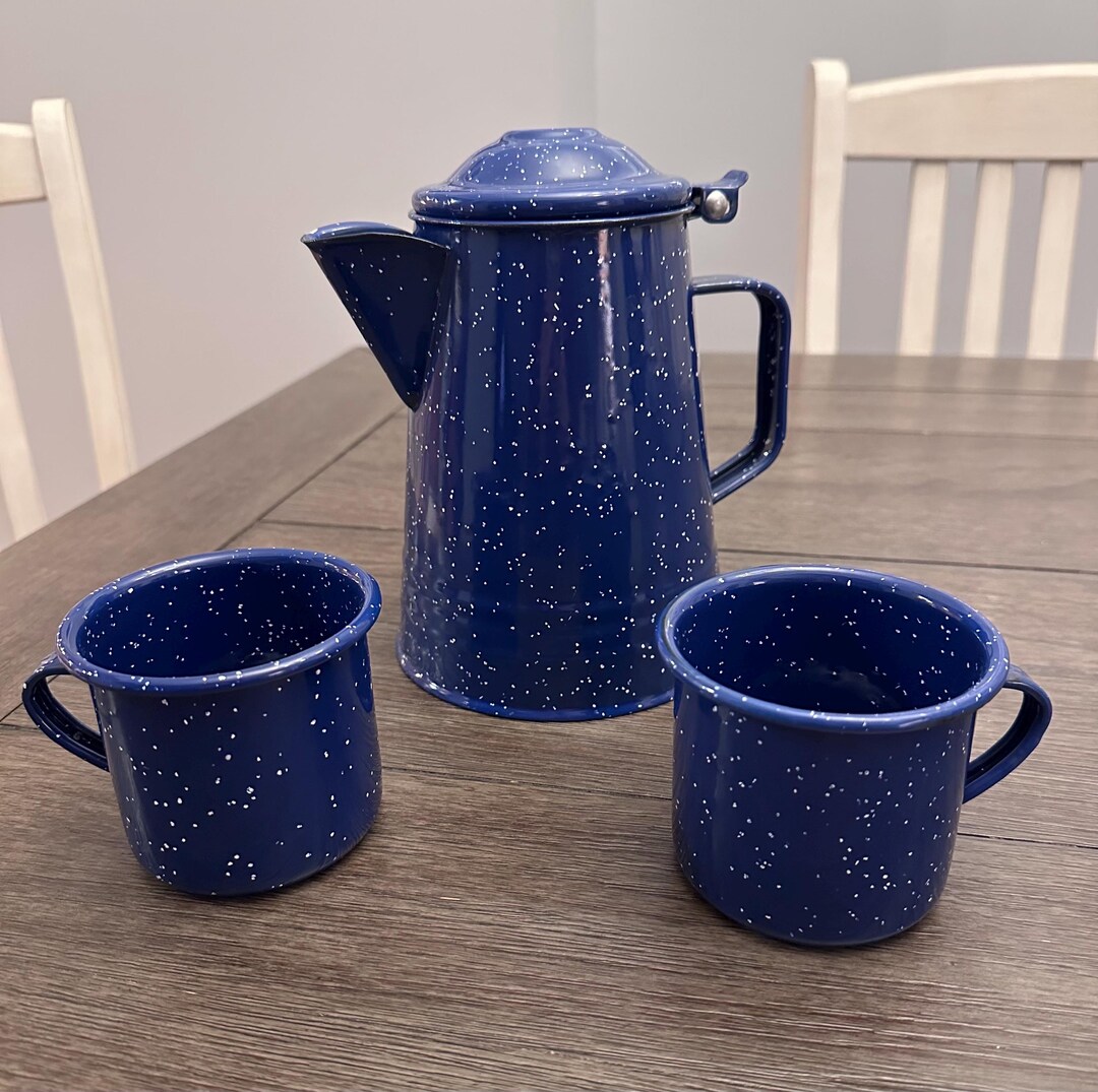 Blue Speckled Enamelware Tea Kettle With Cups: Camping Dish Set - Etsy