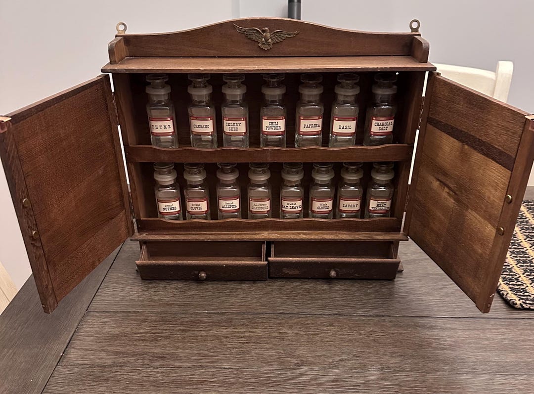 Vintage Wooden Spice Cabinet With Apothecary Jars, MCM Spice Rack ...