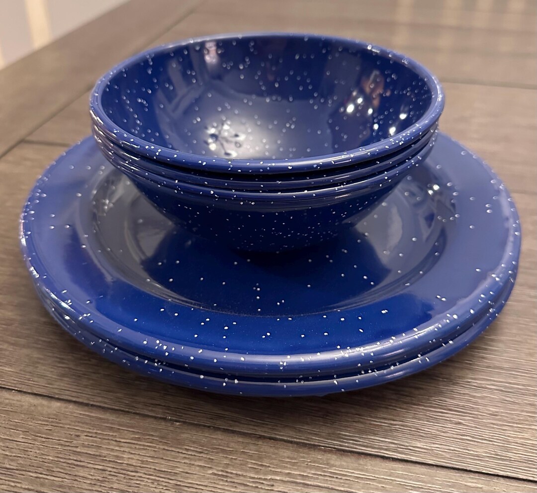 Blue Speckled Enamelware Dinnerware, Blue Enamel Plates and Bowls ...