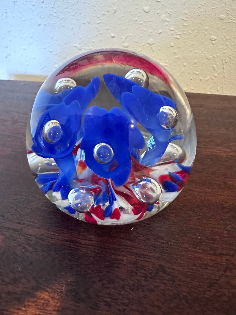 Hand Blown Art Glass Floral Paperweight: Blue & Red, WWHS 1951 - Etsy
