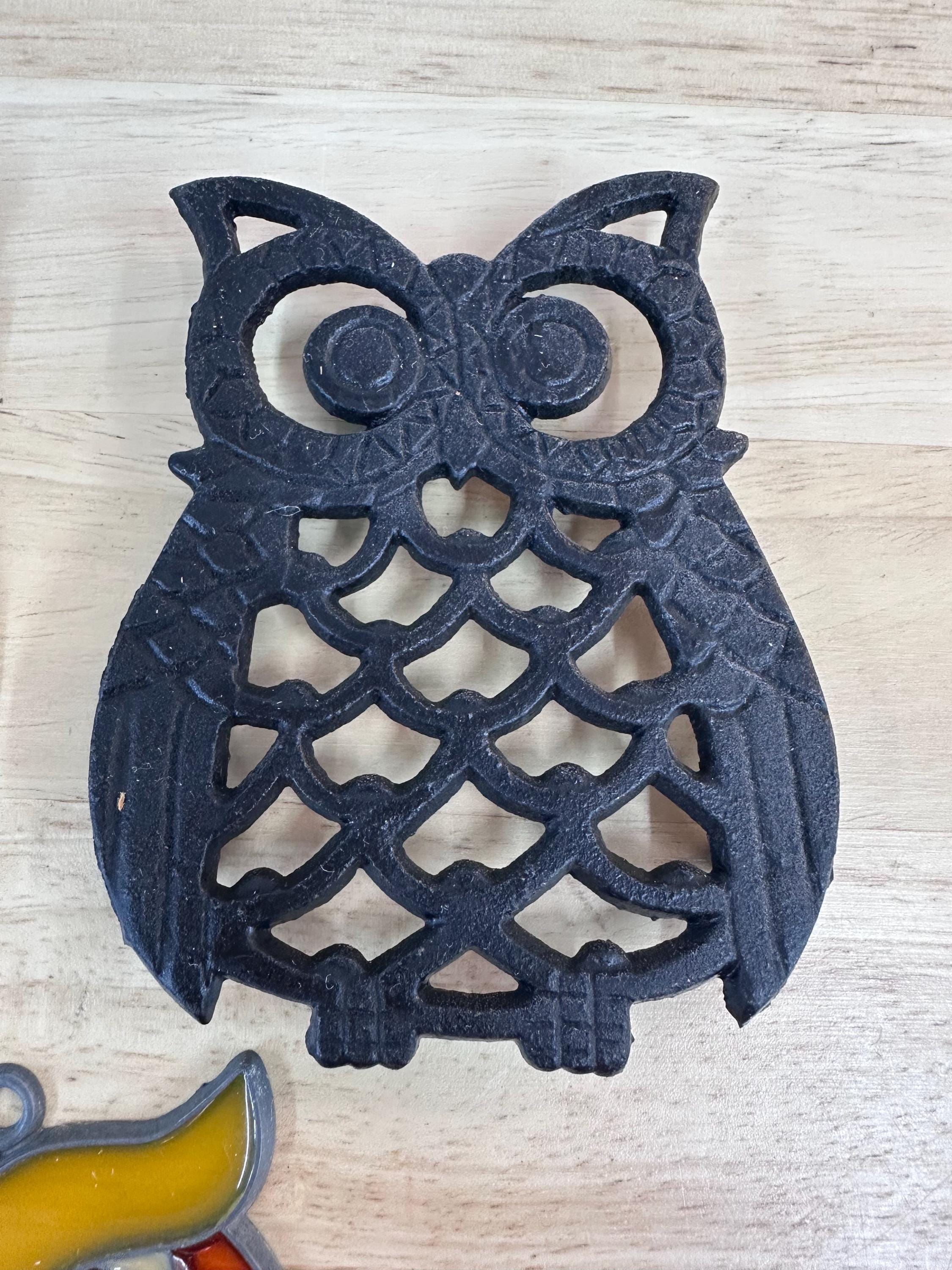Vintage Set of 2 Cast Iron Mini Owl Trivets & Colorful Stained Glass ...
