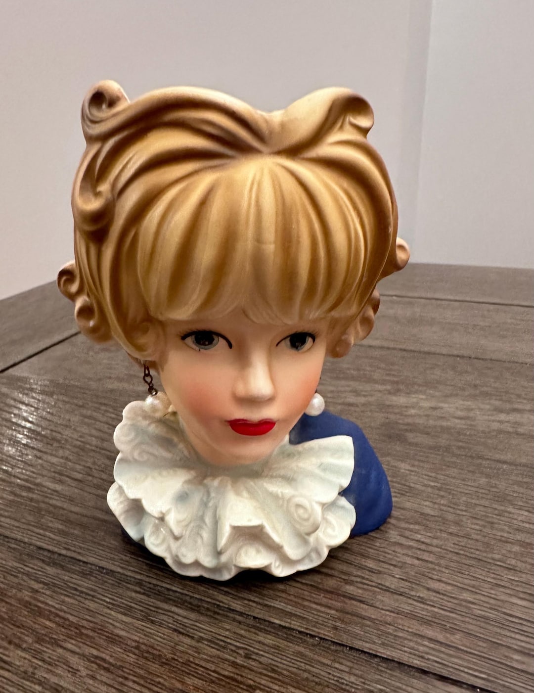 Vintage Relpo Lady Head Vase K1817: Blue White Ruffled Dress, Faux ...
