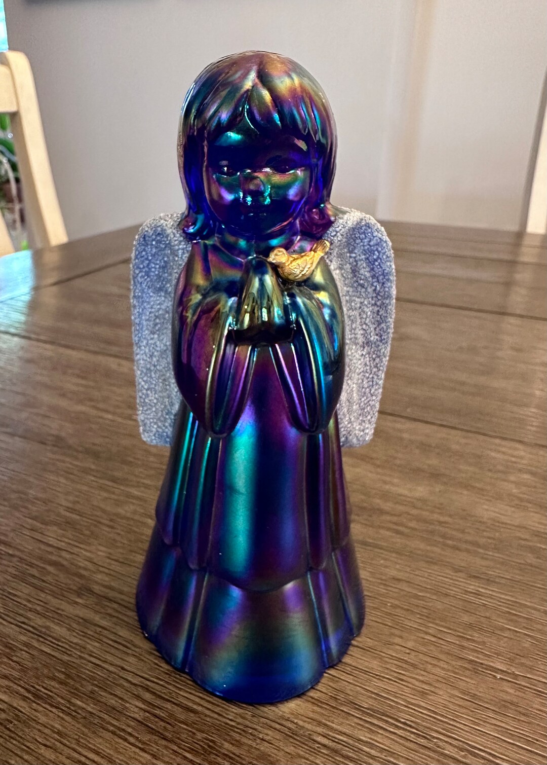 Fenton Praying Angel With Gold Bird Cobalt Blue Carnival Glass Frosted ...