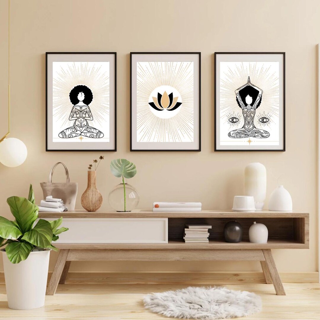 Spiritual Wall Art, Yoga Meditation, Black, White & Gold Print, Elegant ...