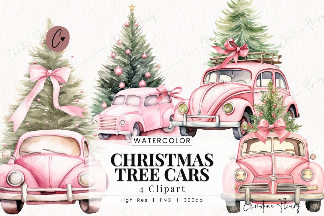 Watercolor Pink Christmas Tree Cars Clipart, Watercolor Christmas ...
