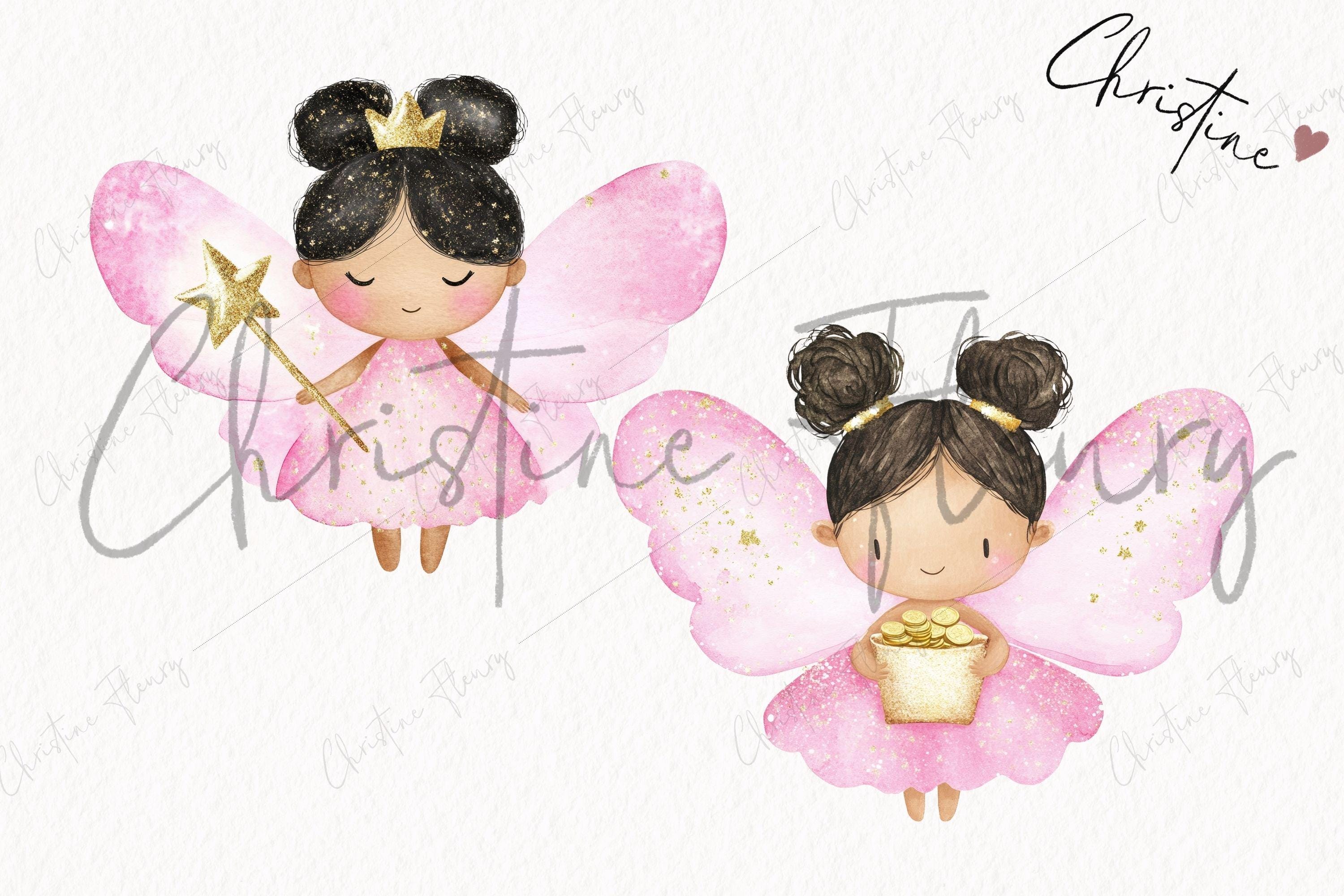 Pink Gold Fairies Clipart Bundle, Tooth Fairy PNG, Watercolor Birthday ...
