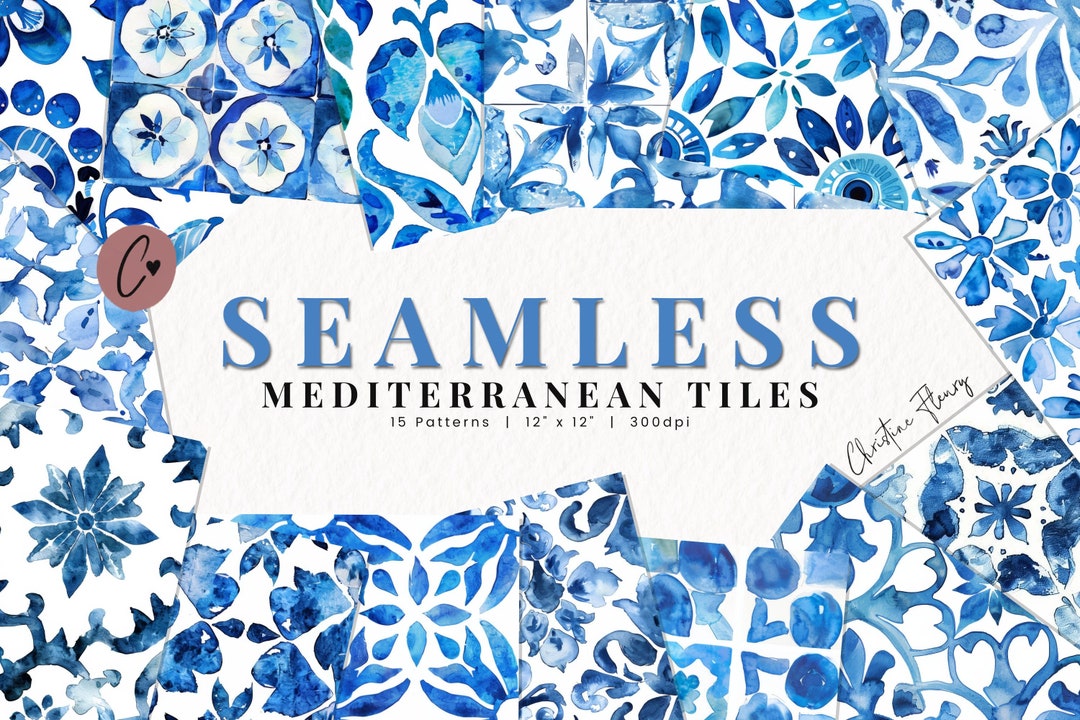 Seamless Mediterranean Tile Pattern, Watercolor Santorini Print ...