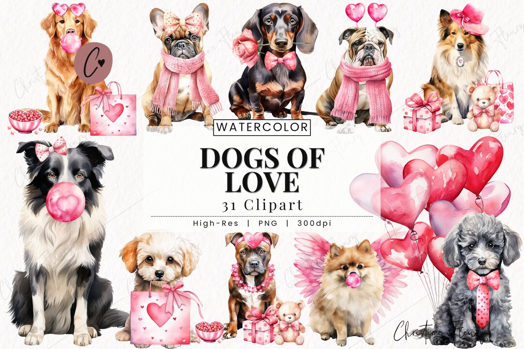 Watercolor Valentine Dogs of Love Clipart, Valentine's Day Clipart, Dog ...