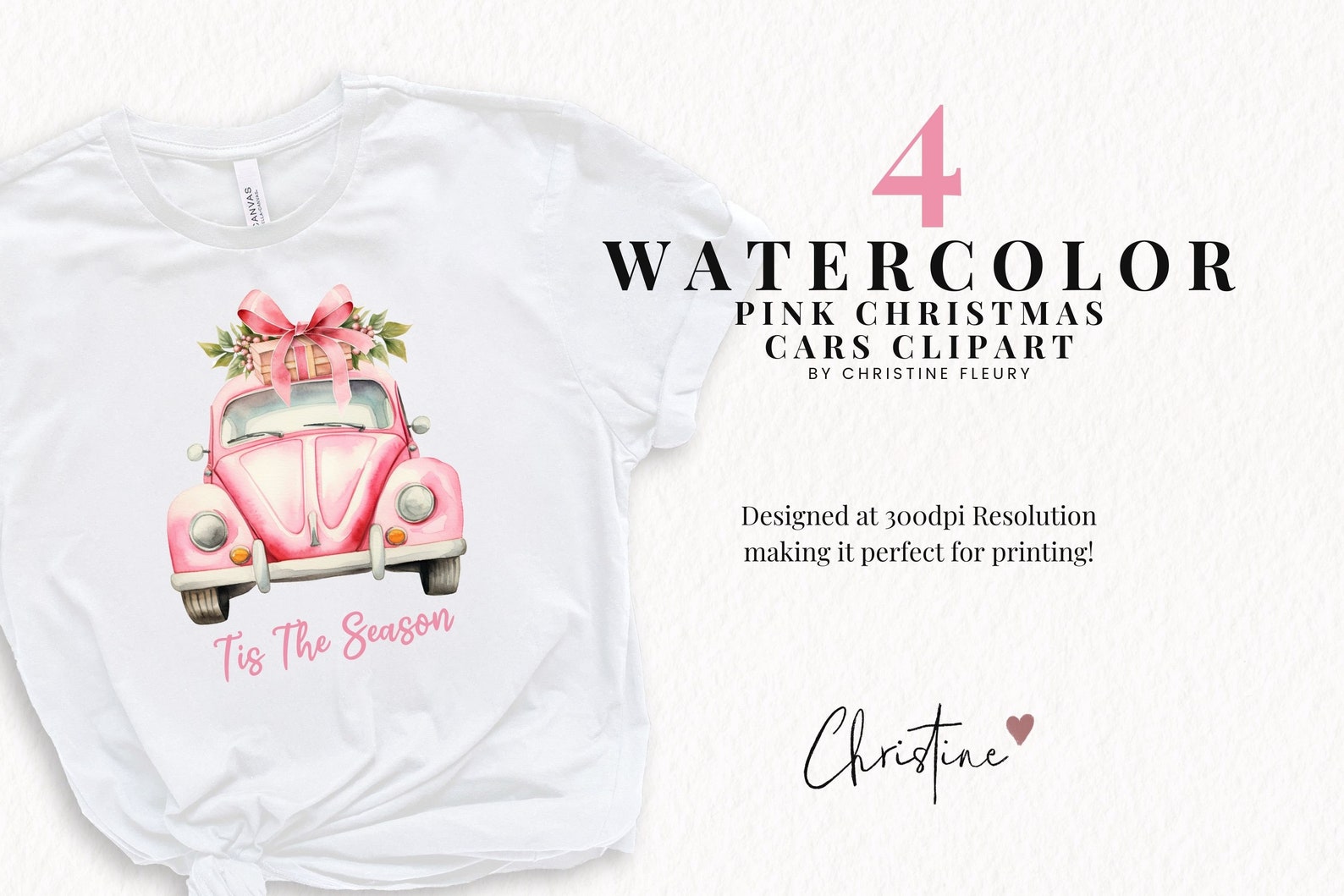 Watercolor Pink Christmas Cars Clipart, Watercolor Christmas Clipart ...