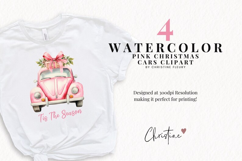 Watercolor Pink Christmas Cars Clipart, Watercolor Christmas Clipart ...