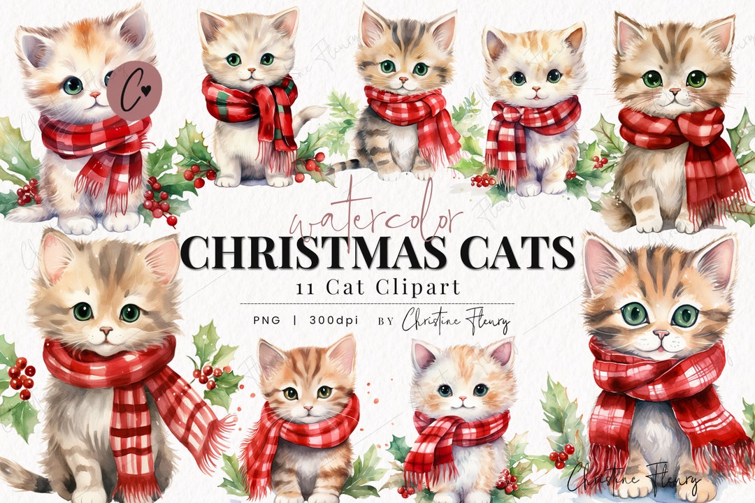 Watercolor Christmas Cats Clipart, Watercolor Christmas Clipart, Cat ...