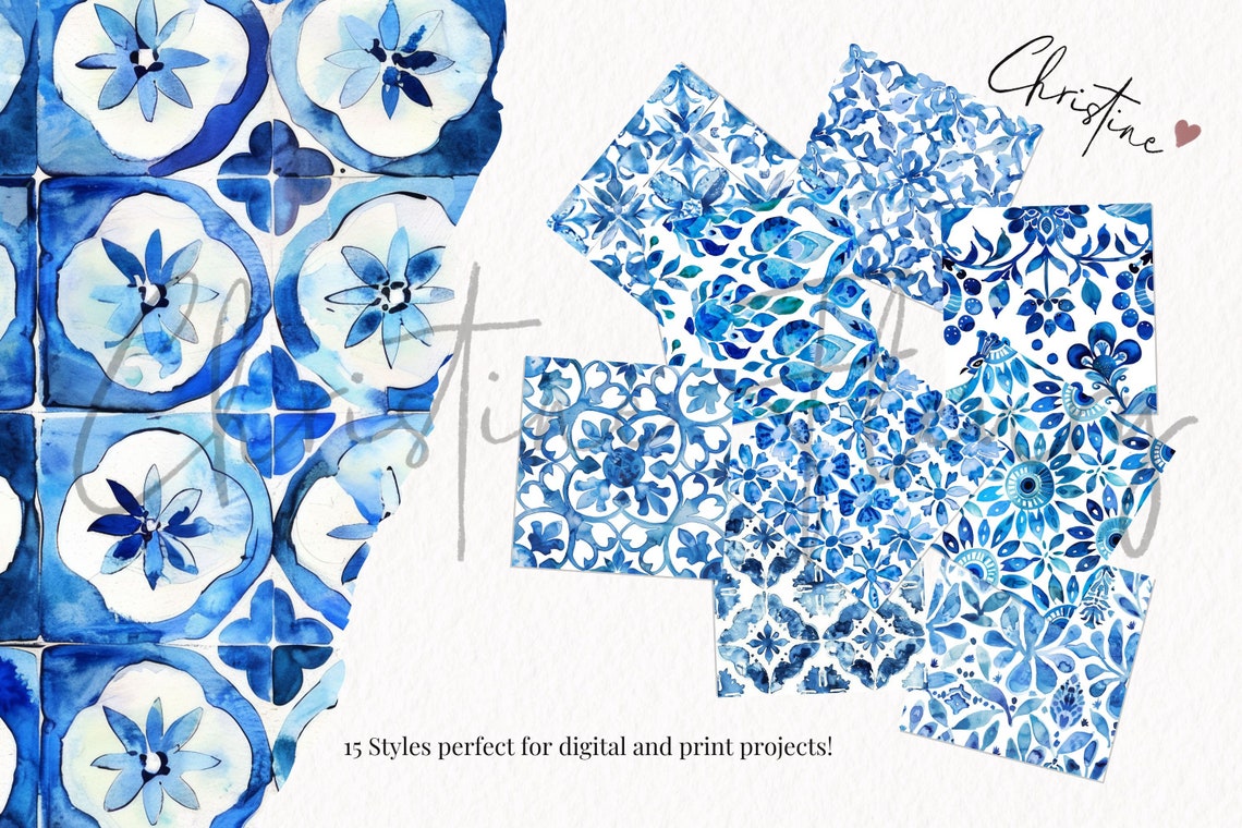 Seamless Mediterranean Tile Pattern, Watercolor Santorini Print ...