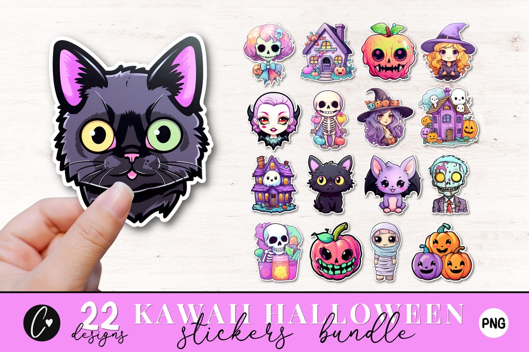 Kawaii Halloween Sticker PNG Bundle, Printable Halloween Stickers, Cute ...