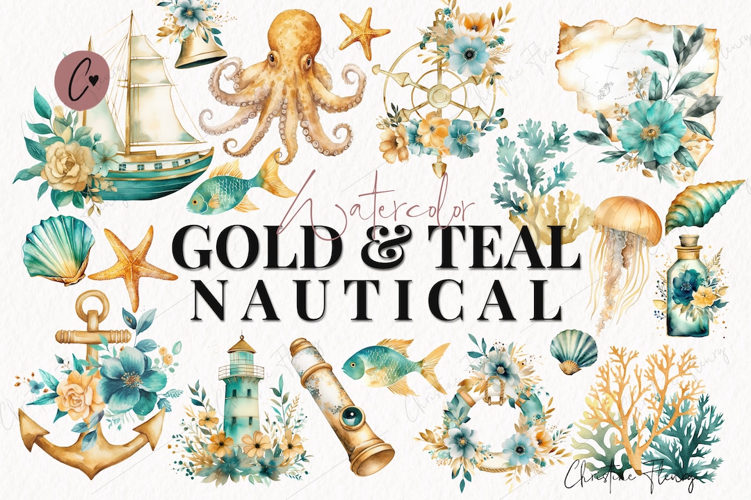 Watercolor Gold & Teal Nautical Clipart, Watercolor Ocean Clipart ...