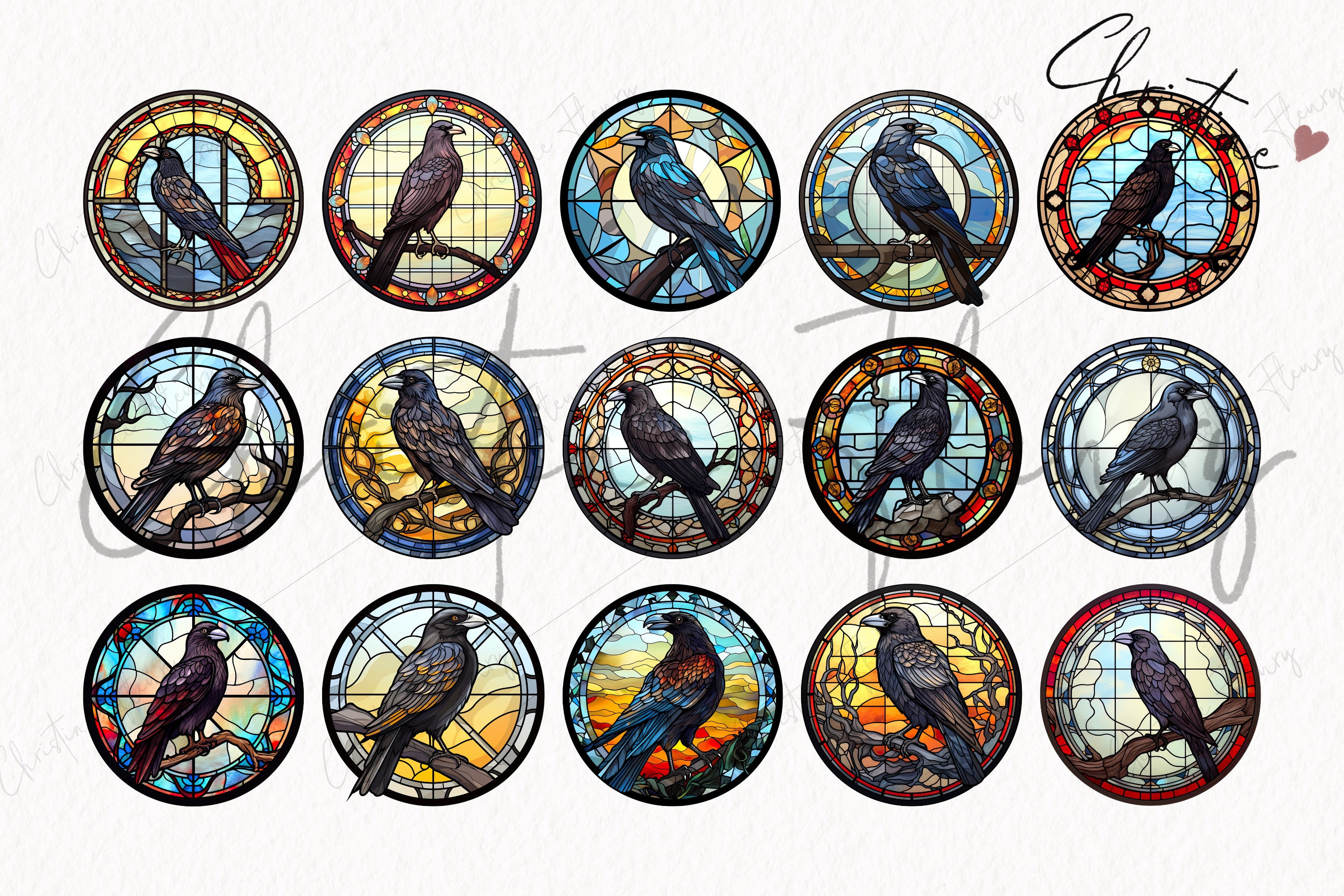 50 Round Raven Stained Glass Clipart Stained Glass PNG - Etsy