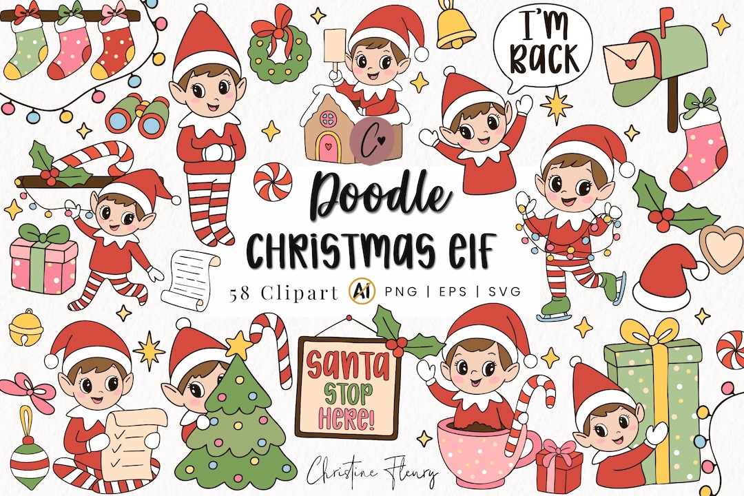 58 Doodle Christmas Elf Clipart Bundle, Hand Drawn Christmas Png ...