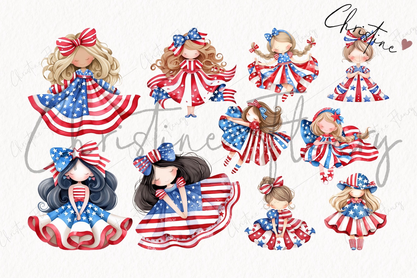 4th of July Girls Clipart, Watercolor Patriotic Clipart, Independence ...