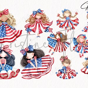 4th of July Girls Clipart, Watercolor Patriotic Clipart, Independence ...