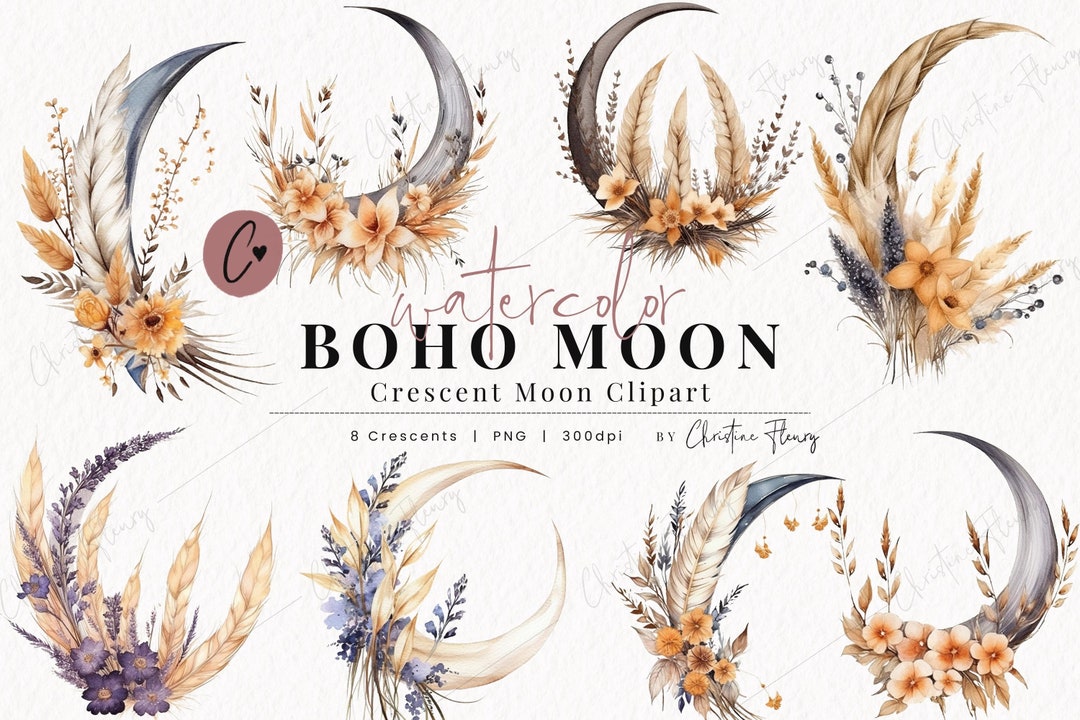 Watercolor Boho Moon Floral Clipart, Watercolor Clipart, Watercolor ...