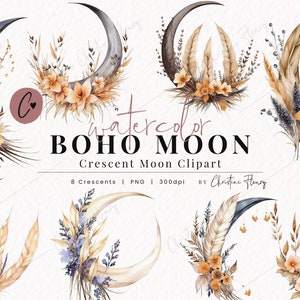 Watercolor Boho Moon Floral Clipart, Watercolor Clipart, Watercolor ...