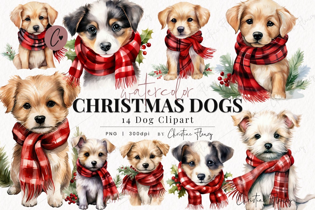 Watercolor Christmas Dog Clipart, Watercolor Animal Clipart, Christmas ...