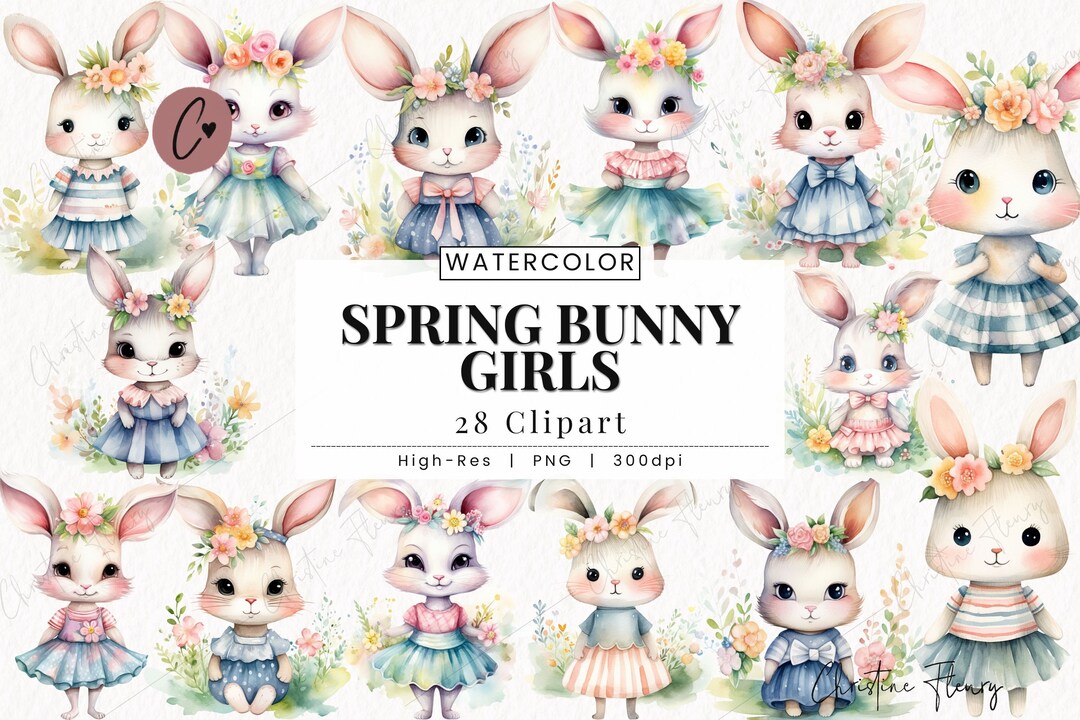 Watercolor Spring Bunny Girls Clipart, Easter PNG, Spring Bunny PNG ...