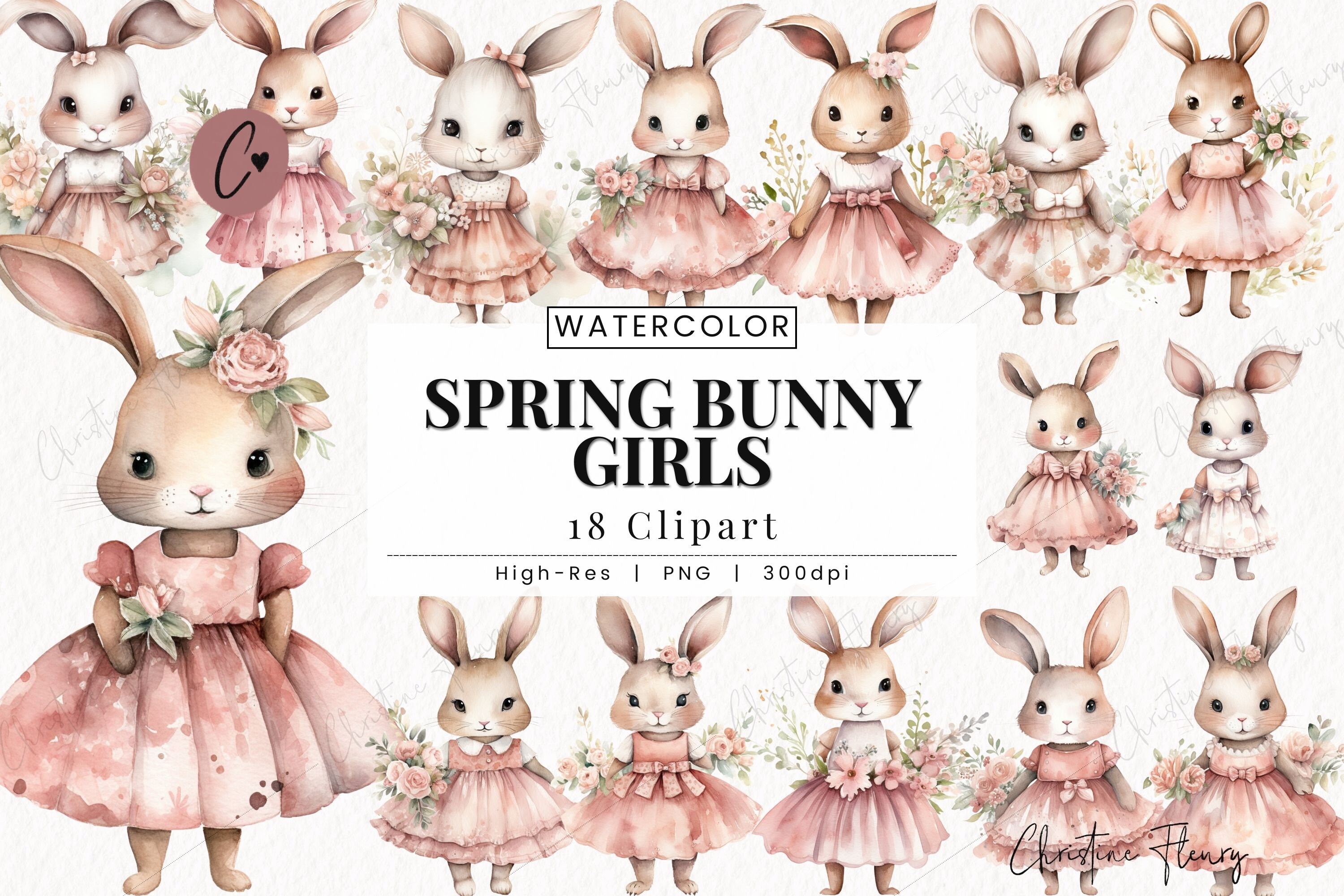 Spring Bunny Girls Clipart, Bunny PNG, Easter Bunny PNG, Spring PNG ...