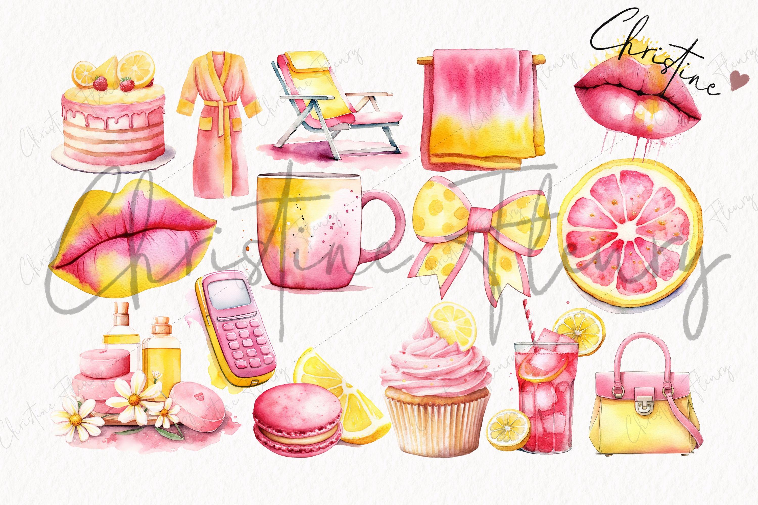 Watercolor Pink Lemonade Clipart Bundle, Watercolor Pink Clipart ...