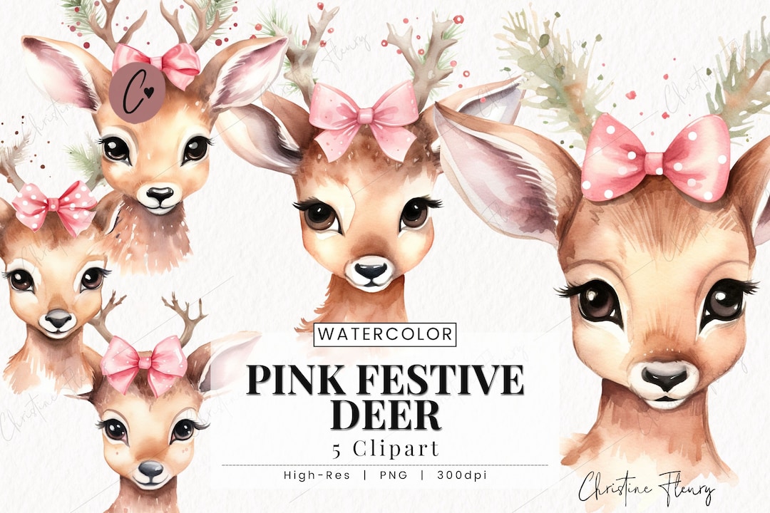 Watercolor Pink Festive Deer Clipart, Watercolor Christmas Clipart ...