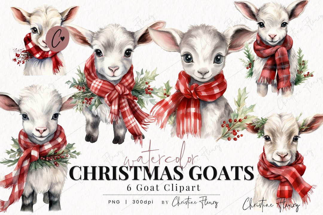 Watercolor Christmas Goat Clipart, Watercolor Animal Clipart, Christmas ...