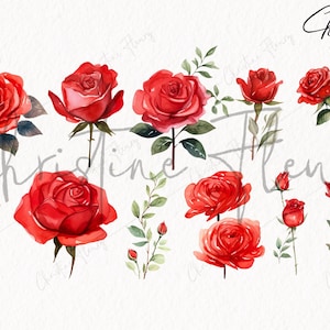 Watercolor Red Roses Clipart, Watercolor Flower Clipart, Wedding PNG ...