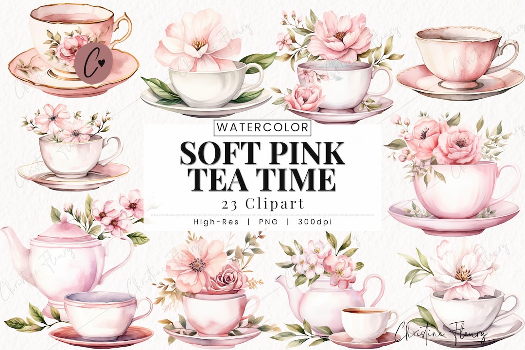 Watercolor Soft Pink Tea Time Clipart, Tea Party PNG, Watercolor Tea ...