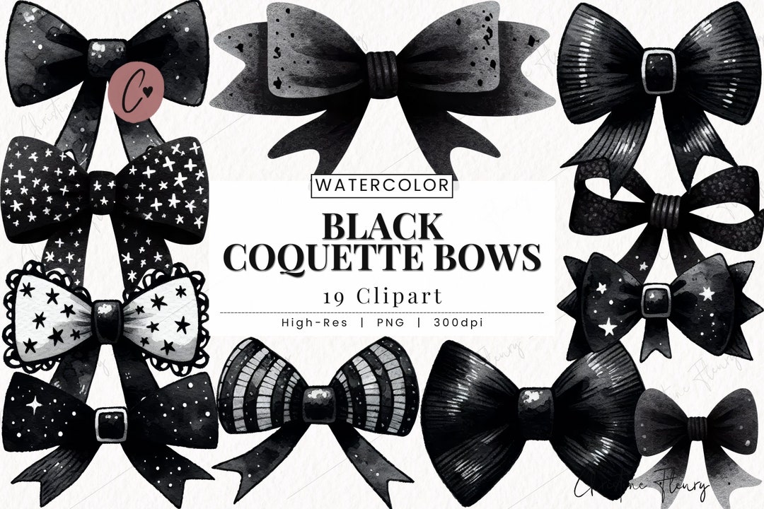 Watercolor Black Coquette Bows Clipart, Coquette Clipart, Gothic PNG ...