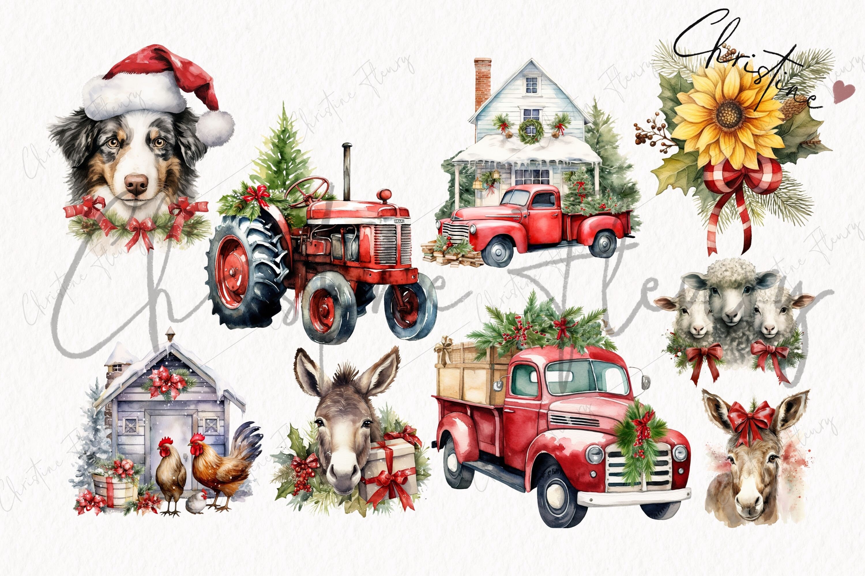 Vintage Christmas Farm Clipart, Watercolor Farm Clipart, Vintage ...