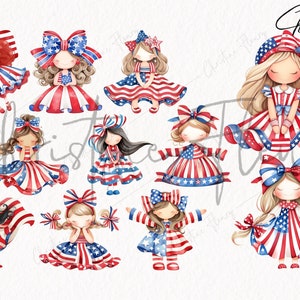 4th of July Girls Clipart, Watercolor Patriotic Clipart, Independence ...