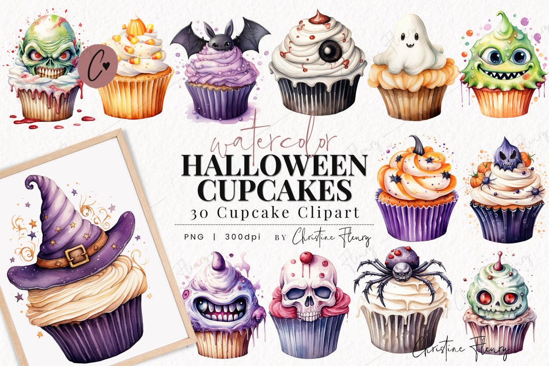 30 Watercolor Halloween Cupcakes Clipart, Watercolor Halloween Clipart ...
