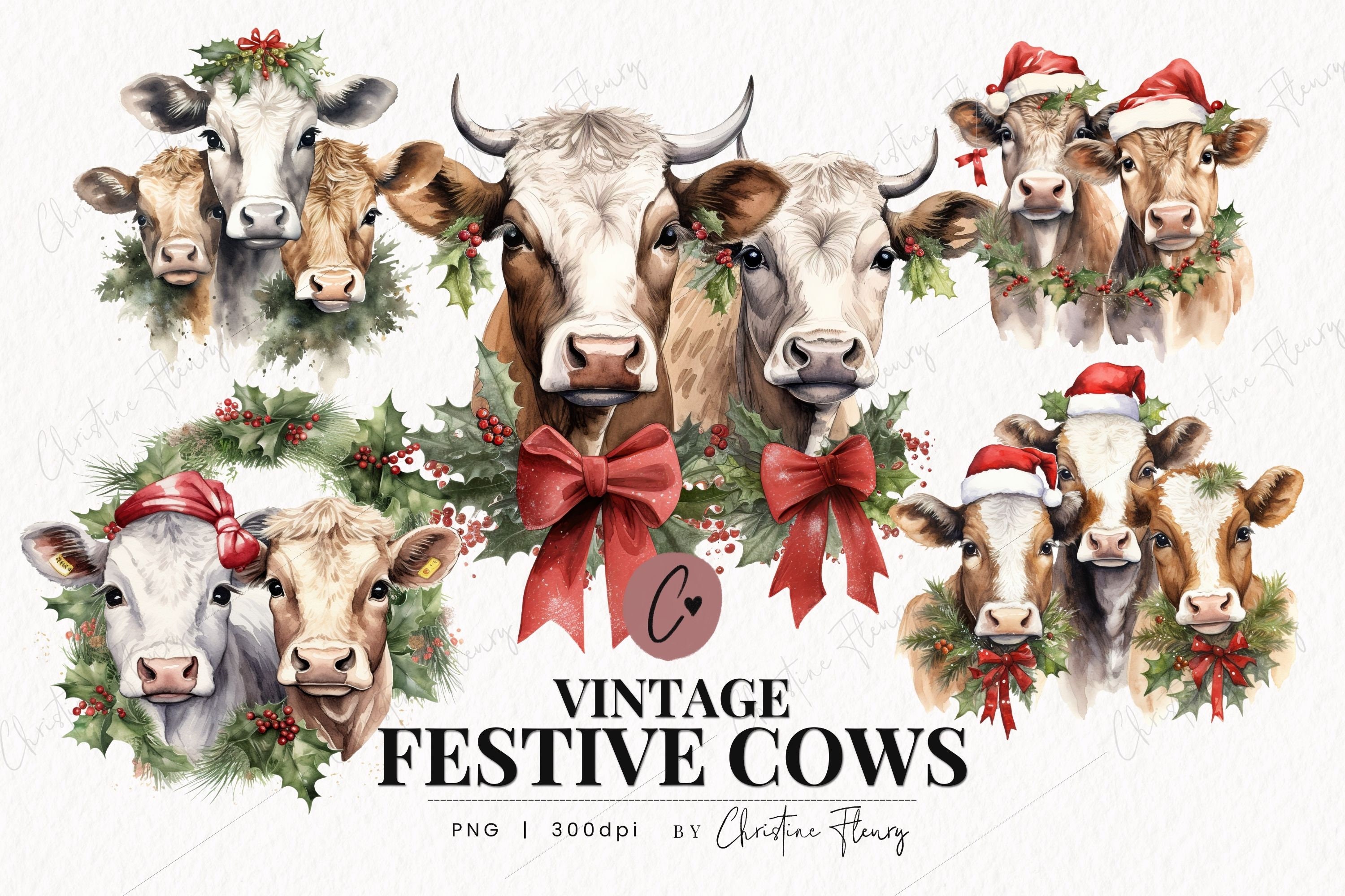 Vintage Festive Cows Clipart Watercolor Farm Clipart Vintage - Etsy