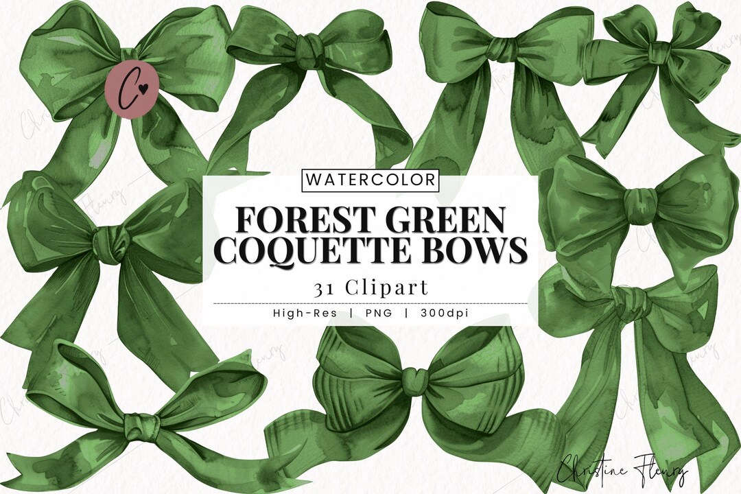 Watercolor Forest Green Coquette Bows Clipart, Green Bow Clipart ...